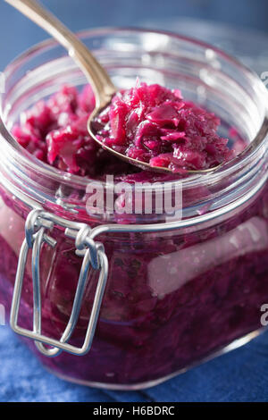 Glass jar of pickled red cabbage with nutritional information per ...