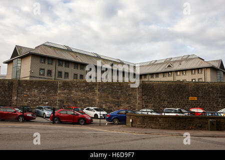main detention wings wall and staff car park HMP Cardiff prison Cardiff ...