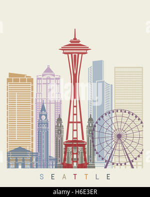 A vector illustration of Seattle skyline in cartoon style Stock Vector ...