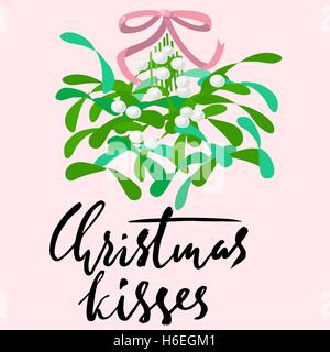 Mistletoe with pink bow and curly ribbon. Christmas lettering. Vector ...