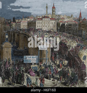 United Kingdom. London Bridge. 1872. Engraving by Gustave Dore, London ...