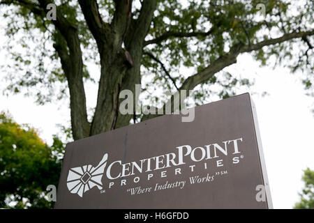 A logo sign outside of the headquarters of CenterPoint Properties in Oak Brook, Illinois on ...