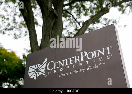 A logo sign outside of the headquarters of CenterPoint Properties in ...