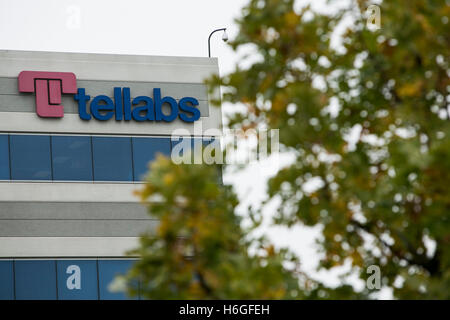 A logo sign outside of the headquarters of Tellabs, Inc., in Naperville, Illinois on October 15 ...