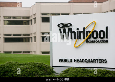 A logo sign outside of the headquarters of The Whirlpool Corporation in ...