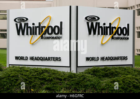 A logo sign outside of the headquarters of The Whirlpool Corporation in ...