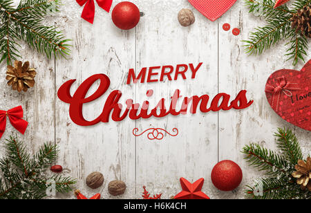 Christmas greeting card with xmas decor in fir tree shaped box on ...