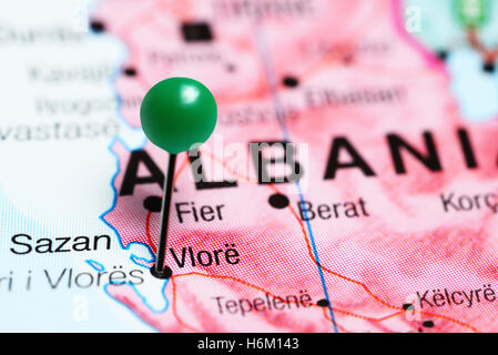 Vlora map. Close up of Vlora map with blue pin. Map with red pin point ...