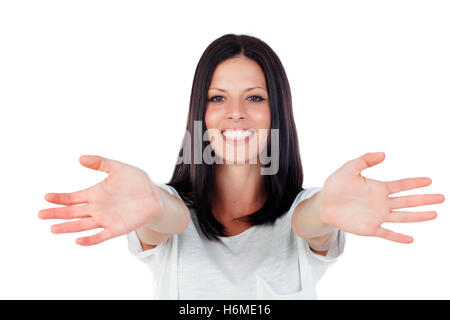 Young brunette woman excited, throwing up hands isolated on white ...