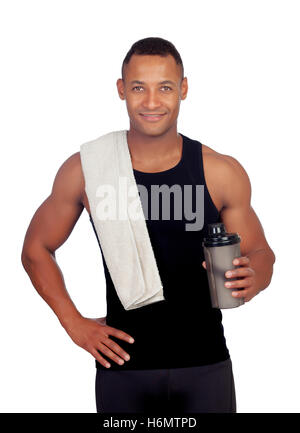 Handsome guy drinking protein after training isolated on white ...