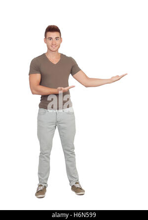 Young shows something isolated on white background stock photo Stock ...
