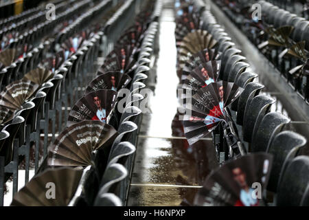 Fulham cardboard clappers on the seats inside Craven Cottage before the ...