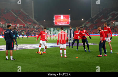 Stoke City players warming up during the Premier League match at the ...