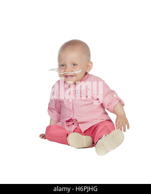 Adorable baby without hair beating the disease isolated on white ...