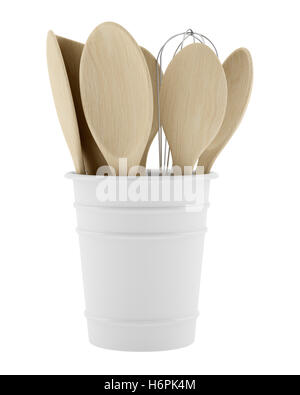 Wooden kitchen utensils, tools and equipment in holder on white ...