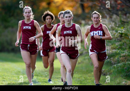 High school girls cross country team is running together on a grass ...