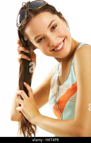 Photo of charming positive girl arm touch spectacles hold plastic debit ...