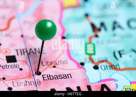 Elbasan map. Close up of Elbasan map with red pin. Map with red pin ...