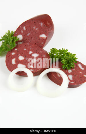Black pudding or blood sausage ring isolated on a white studio ...