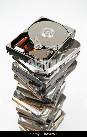 Opened computer hard drive on a table prepared to be fixed Stock Photo ...