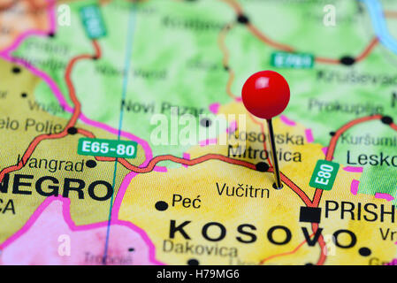Vucitrn pinned on a map of Kosovo Stock Photo - Alamy
