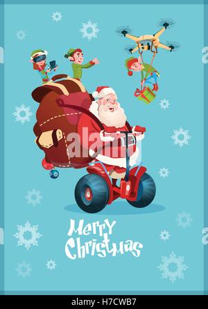 Santa Claus With Sack Ride Electric Segway Scooter, Elf Flying On Drone ...