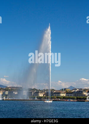 View of Lake Geneva featuring the Jet d'Eau fountain soaring high at ...