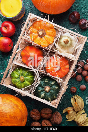 The autumn harvest. Decorative pumpkins and chestnuts fall out of the ...