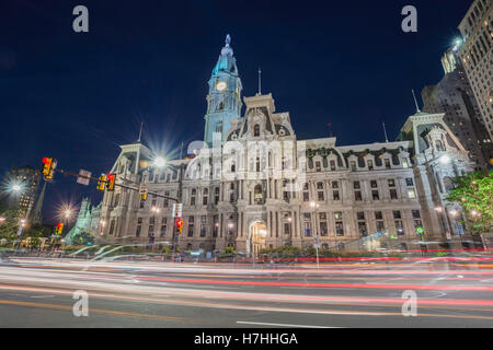 Philadelphia City Hall, at night with motion blur traffic, 1 Penn ...