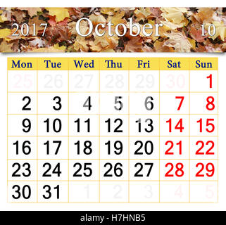 calendar for October 2017 with the ribbon of yellow leaves Stock Photo ...