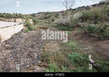 Chadwick Lakes, Malta, a seasonal weid or watercourse. Dams are dry in ...