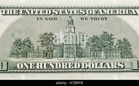 Independence Hall on 100 dollars banknote back side closeup macro ...