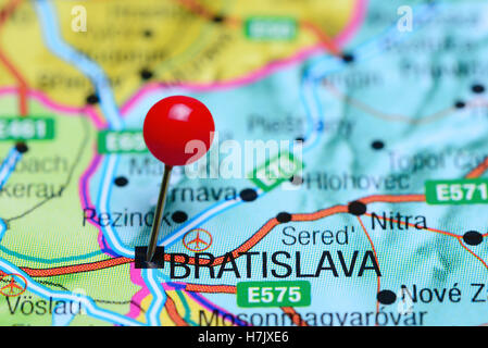 Bratislava map. Bratislava pin map. Close up of Bratislava map with red ...