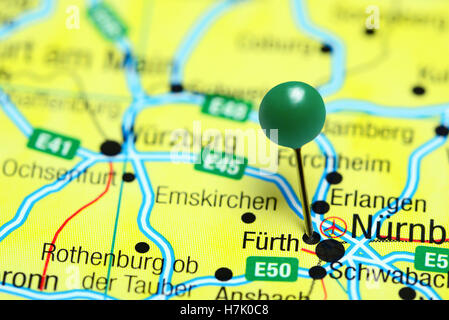 Fürth map. Close up of Furth map with red pin. Map with red pin point ...
