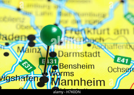 Worms map. Close up of Worms map with blue pin. Map with red pin point ...