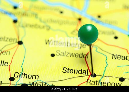 Stendal map. Close up of Stendal map with red pin. Map with red pin ...