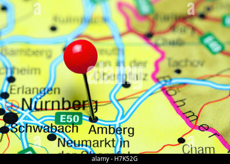 Amberg map. Close up of Amberg map with red pin. Map with red pin point ...