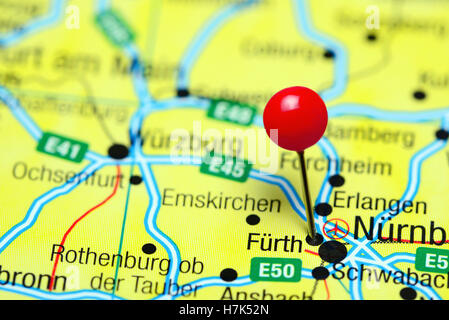 Fürth map. Close up of Furth map with red pin. Map with red pin point ...