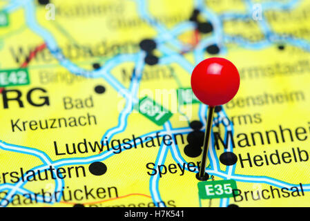Speyer map. Close up of Speyer map with red pin. Map with red pin point ...