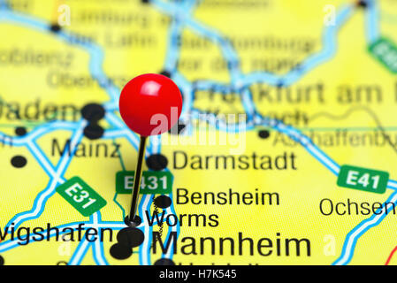 Worms map. Close up of Worms map with blue pin. Map with red pin point of Worms in Germany Stock ...