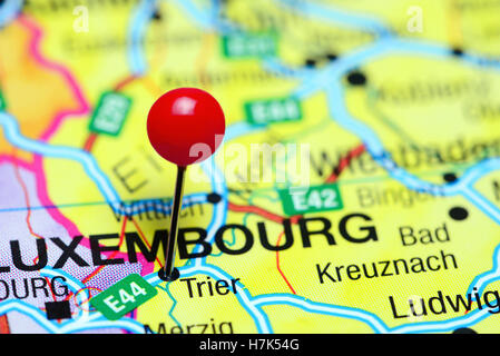 Trier map. Close up of Trier map with red pin. Map with red pin point ...