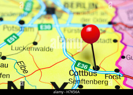 Cottbus map. Close up of Cottbus map with red pin. Map with red pin ...