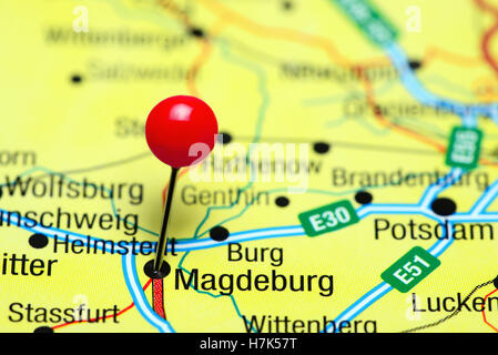 Magdeburg map. Close up of Magdeburg map with red pin. Map with red pin ...