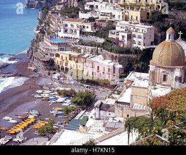 Elevated view of Positano town, church and beach in spring, Amalfi ...