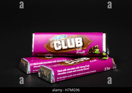 McVities club fruit flavour chocolate biscuit bar isolated on a black ...