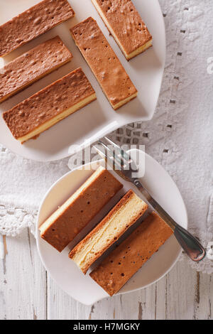 Top view of delicious sweet castella cake topping with raisin in white ...