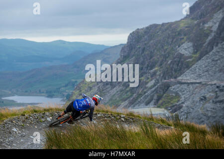 A mountain biker corners at Antur Stiniog mountain bike centre at ...