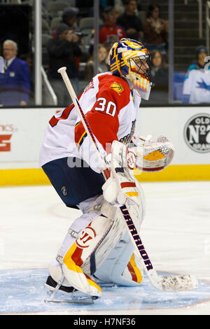 Florida Panthers goalie Scott Clemmensen (30) deflects a shot by Dallas ...
