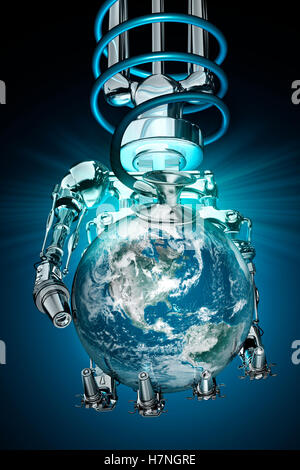 Robotic hand holding planet earth, illustration Stock Photo - Alamy