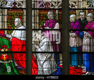 A stained glass window, of bishops, in the Chapter House of the ...